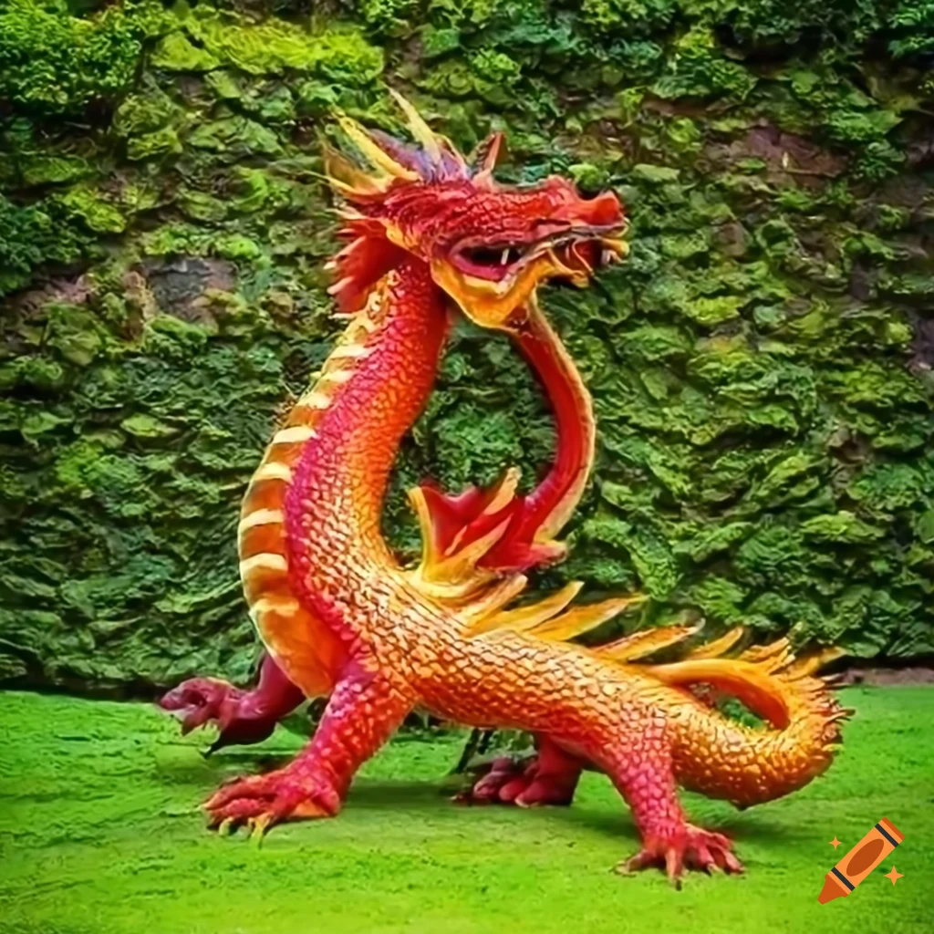 Friendly red golden dragon in a green garden with a stone wall on Craiyon