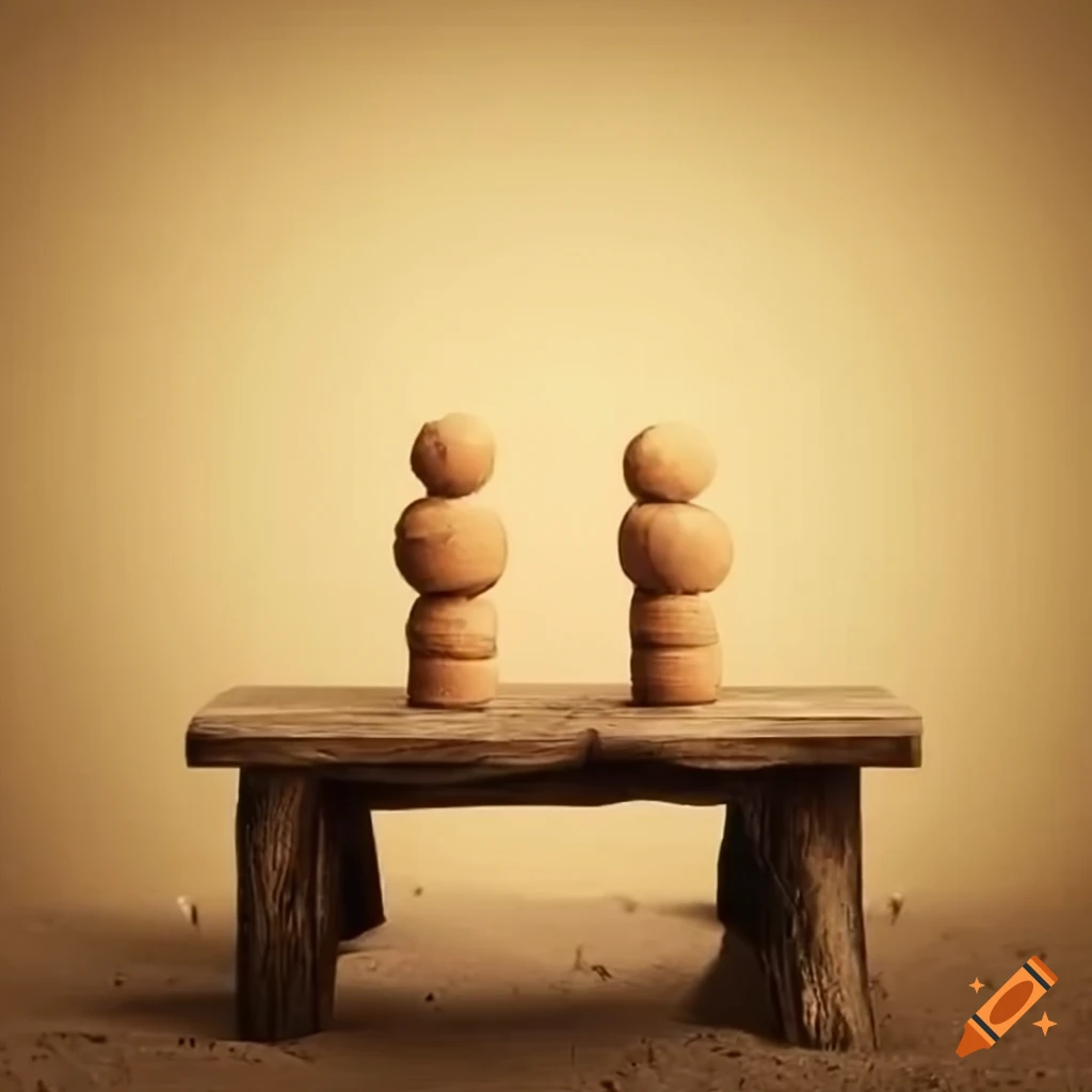 Bocce ball game set up on wooden tables and logs in a field on Craiyon