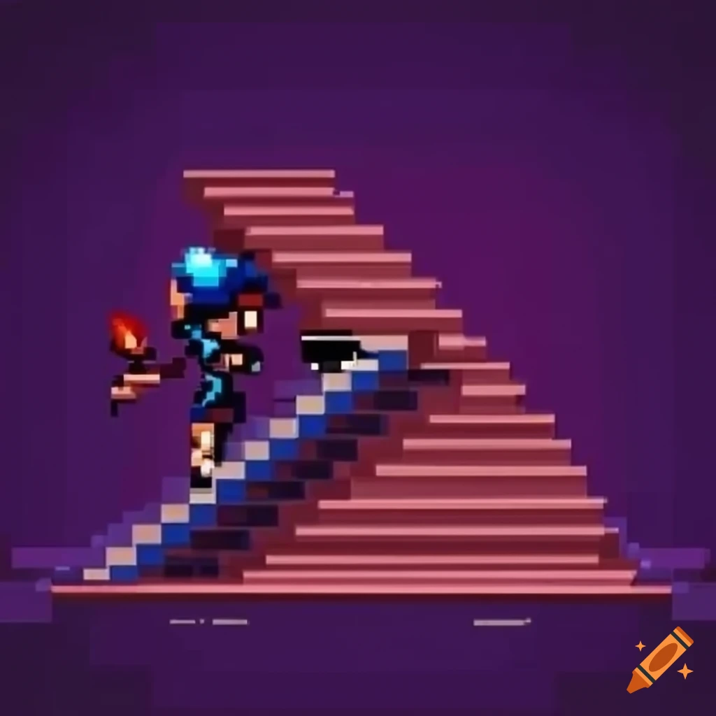 Retro 8-bit style video game character climbing endless staircase with ...