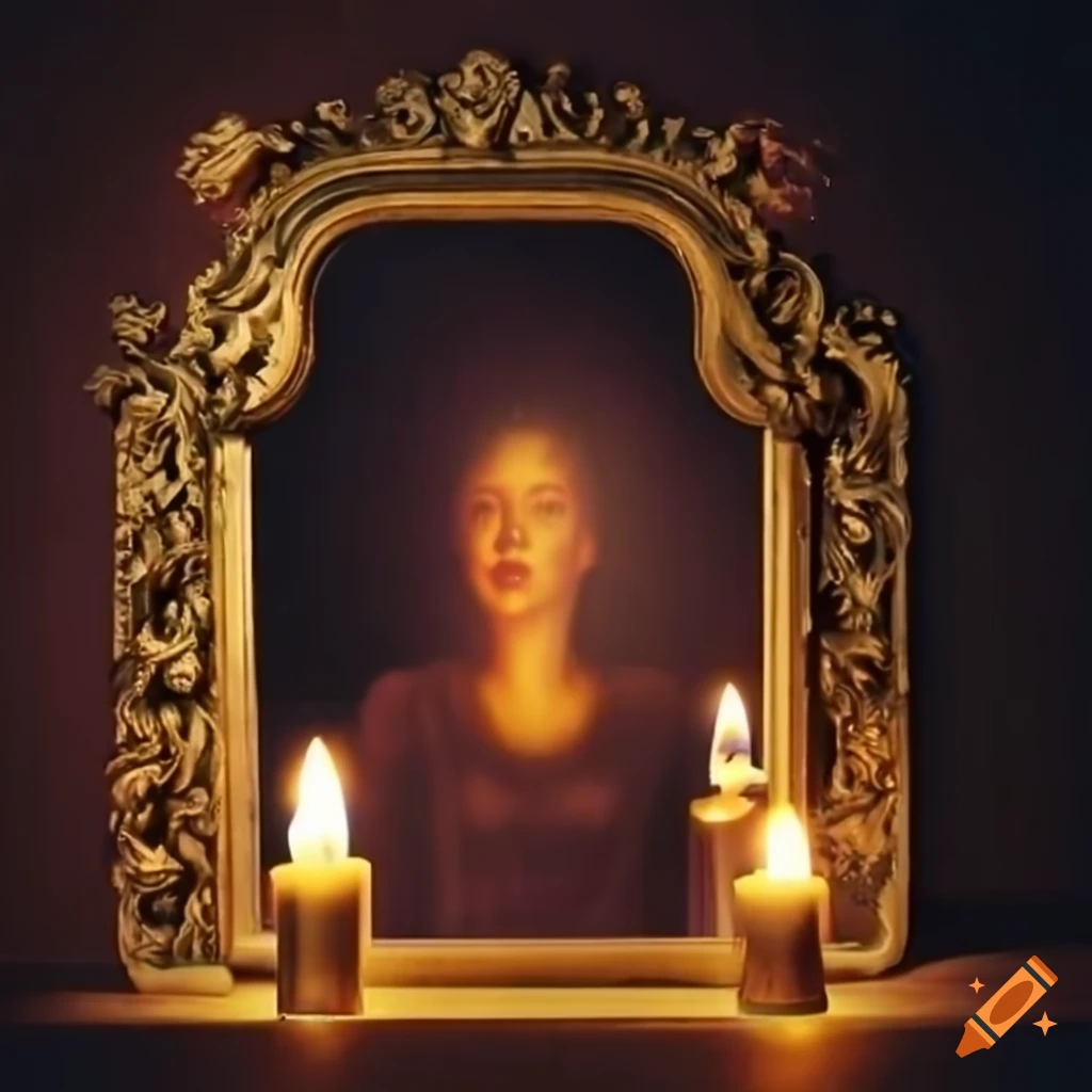 Ethereal spirit in antique mirror surrounded by candles on Craiyon