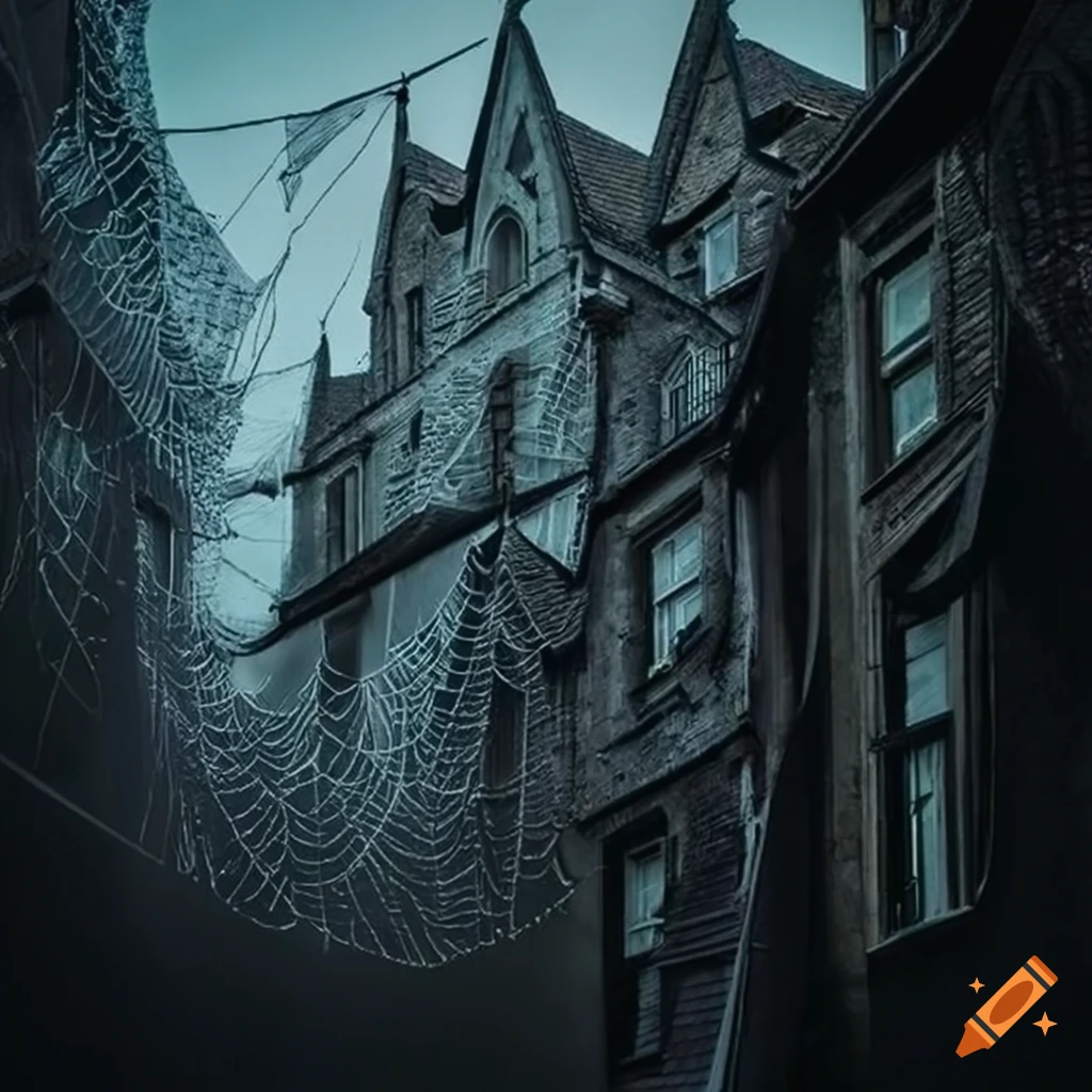 Cobweb-covered houses and gothic architecture in a quiet neighborhood ...