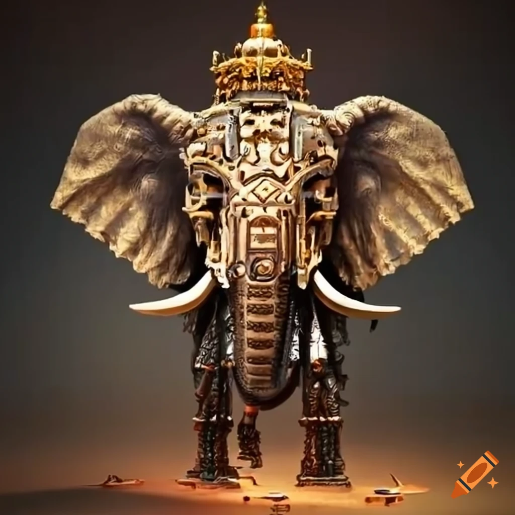 Intricately detailed mechanical elephant prepared for battle on Craiyon