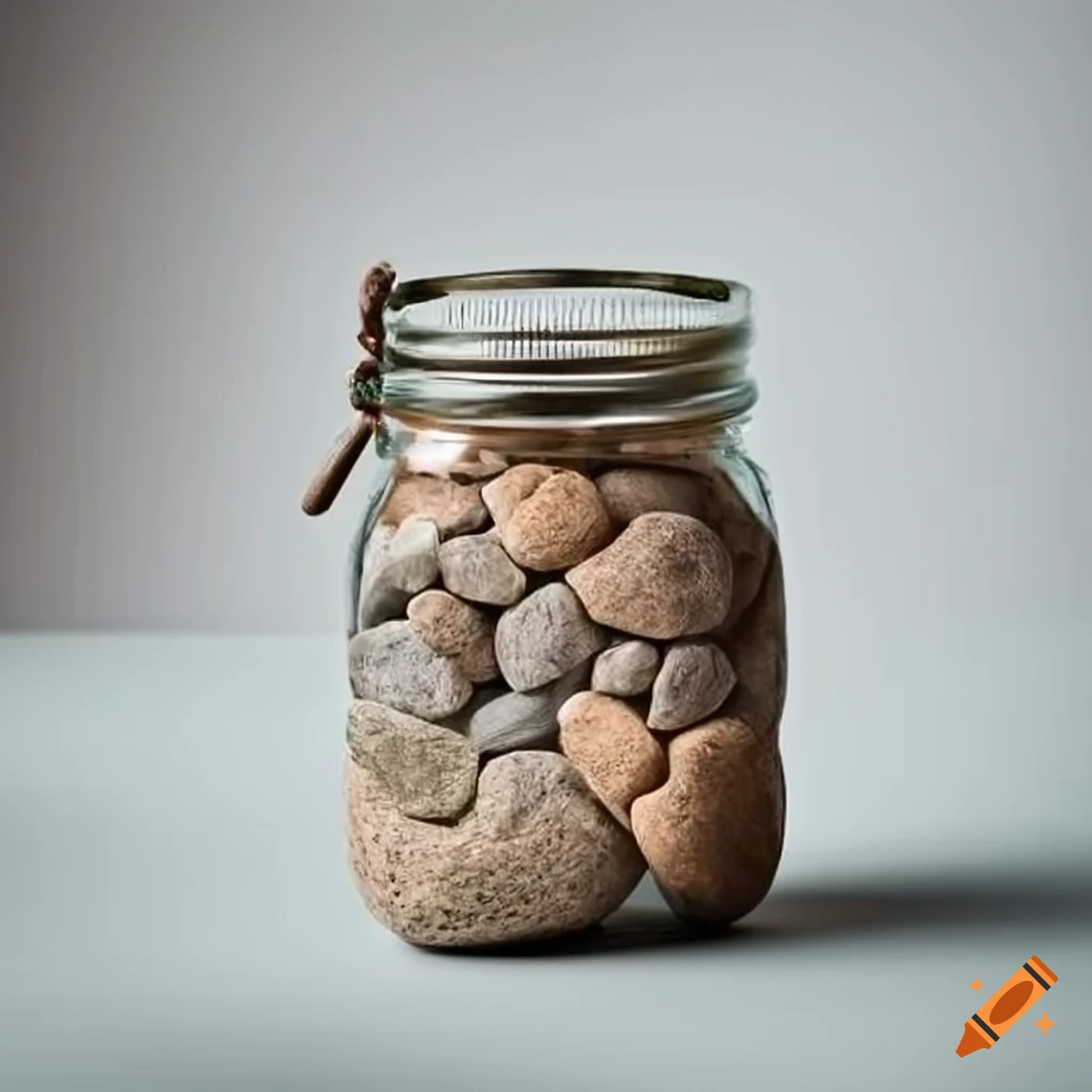 Mason jar filled with rocks and sand on Craiyon