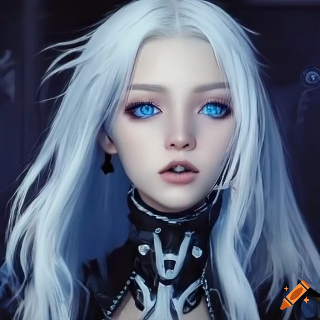Cyber girl with blue eyes and white hair on Craiyon