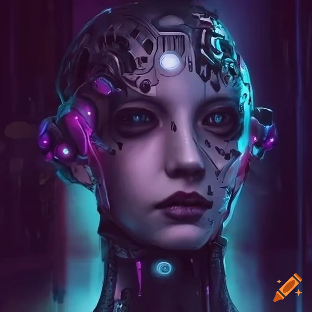 Cyborg goddess in a cyberpunk cityscape on Craiyon