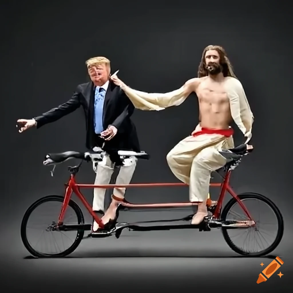 Jesus Christ and Donald Trump riding a tandem bike together on Craiyon