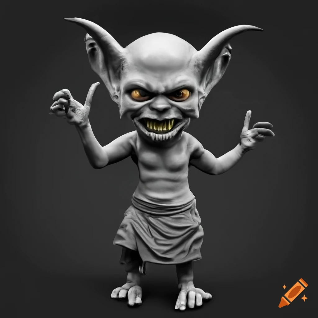 Smiling round-faced goblin in black and white on Craiyon