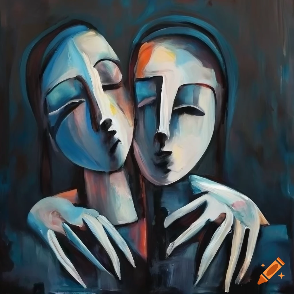 Abstract knife painting of two embracing figures in three colors with ...