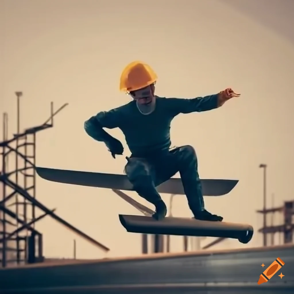Worker surfing on a metal board at a construction site on Craiyon