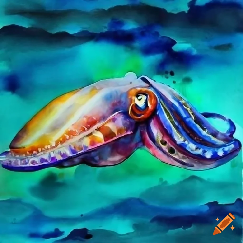 Cuttlefish in a colorful ocean seascape watercolor painting on Craiyon