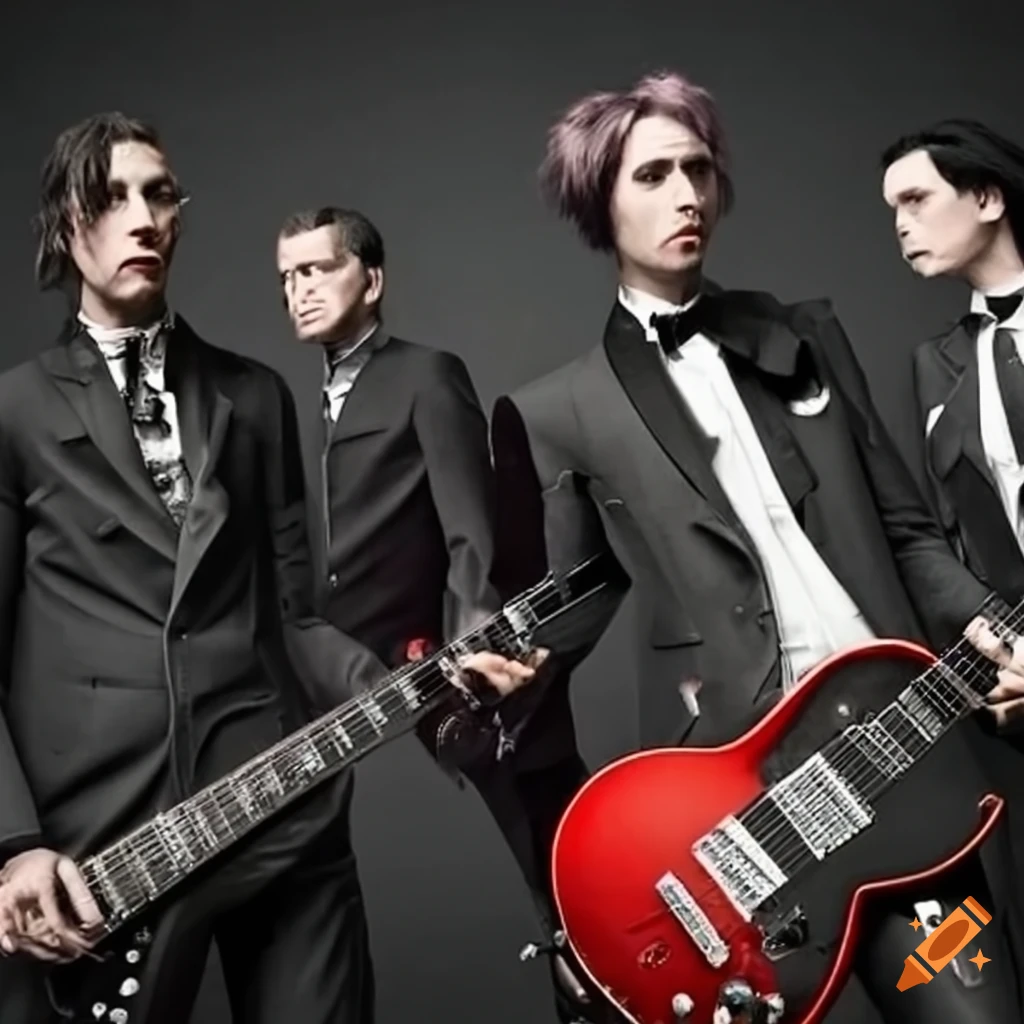 Unconventional rock band members in sharp suits with serious ...