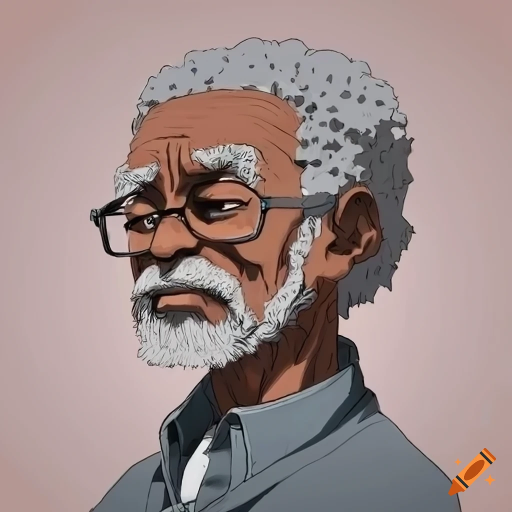 Elderly man with glasses in side view, boondocks style on Craiyon