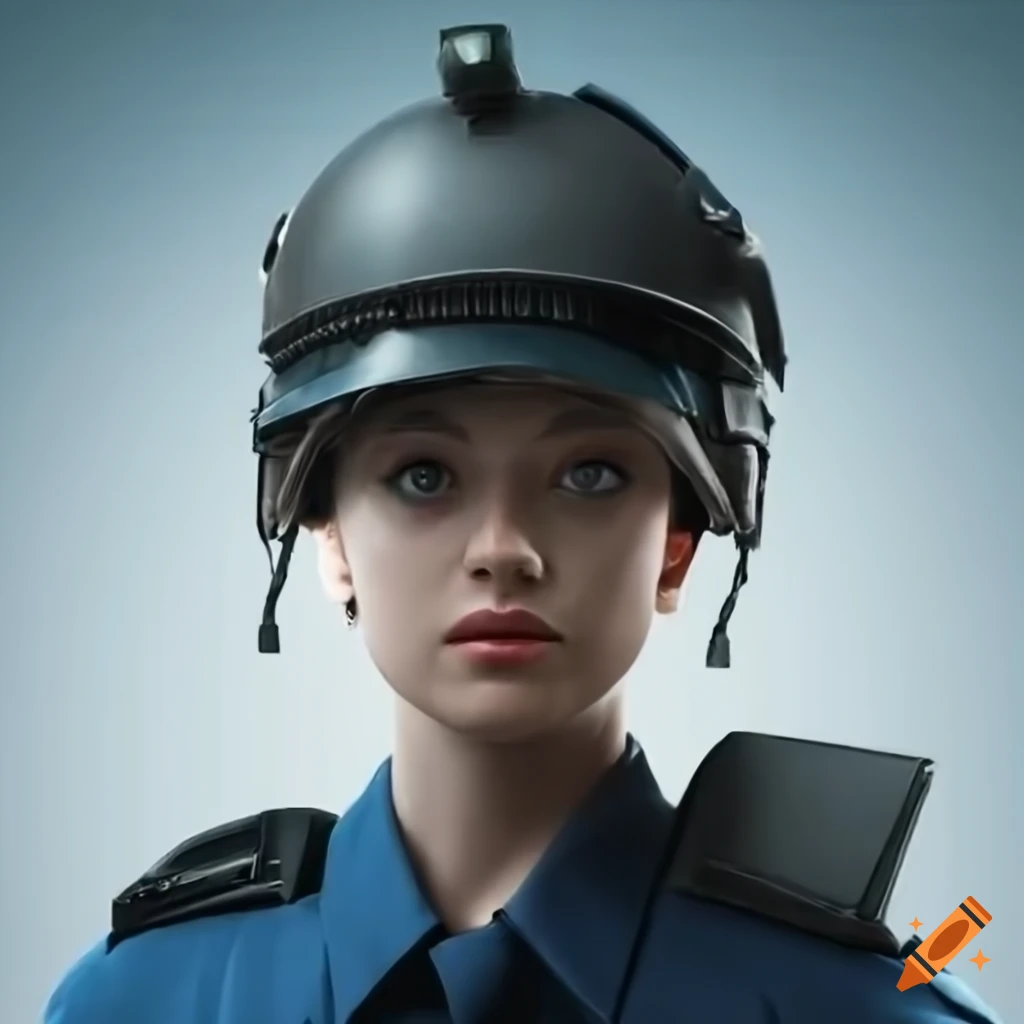 Female police officer in uniform with helmet standing proudly on Craiyon