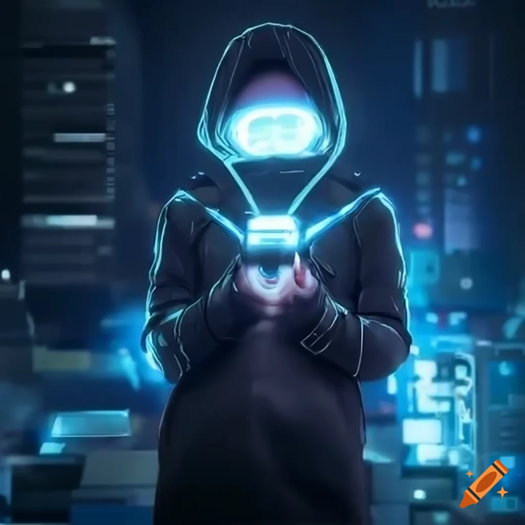 Futuristic anime space hacker with small robot pet on Craiyon