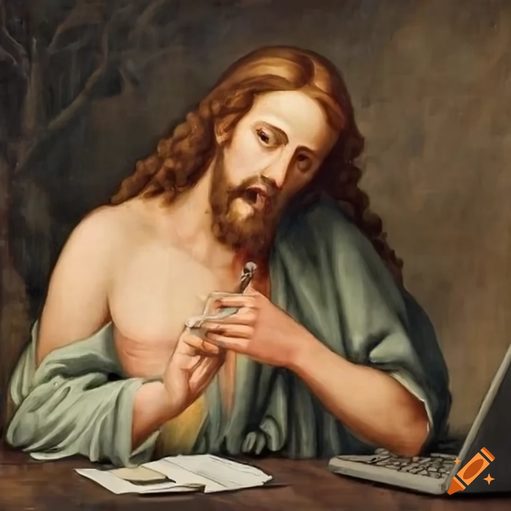 Jesus christ with a computer in the garden of eden on Craiyon