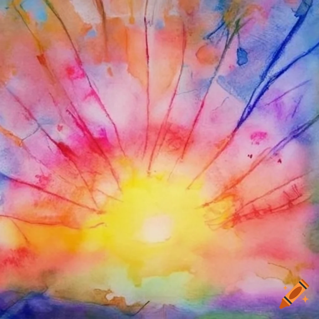 Abstract watercolor of vibrant sunrays over a serene pastel landscape on Craiyon