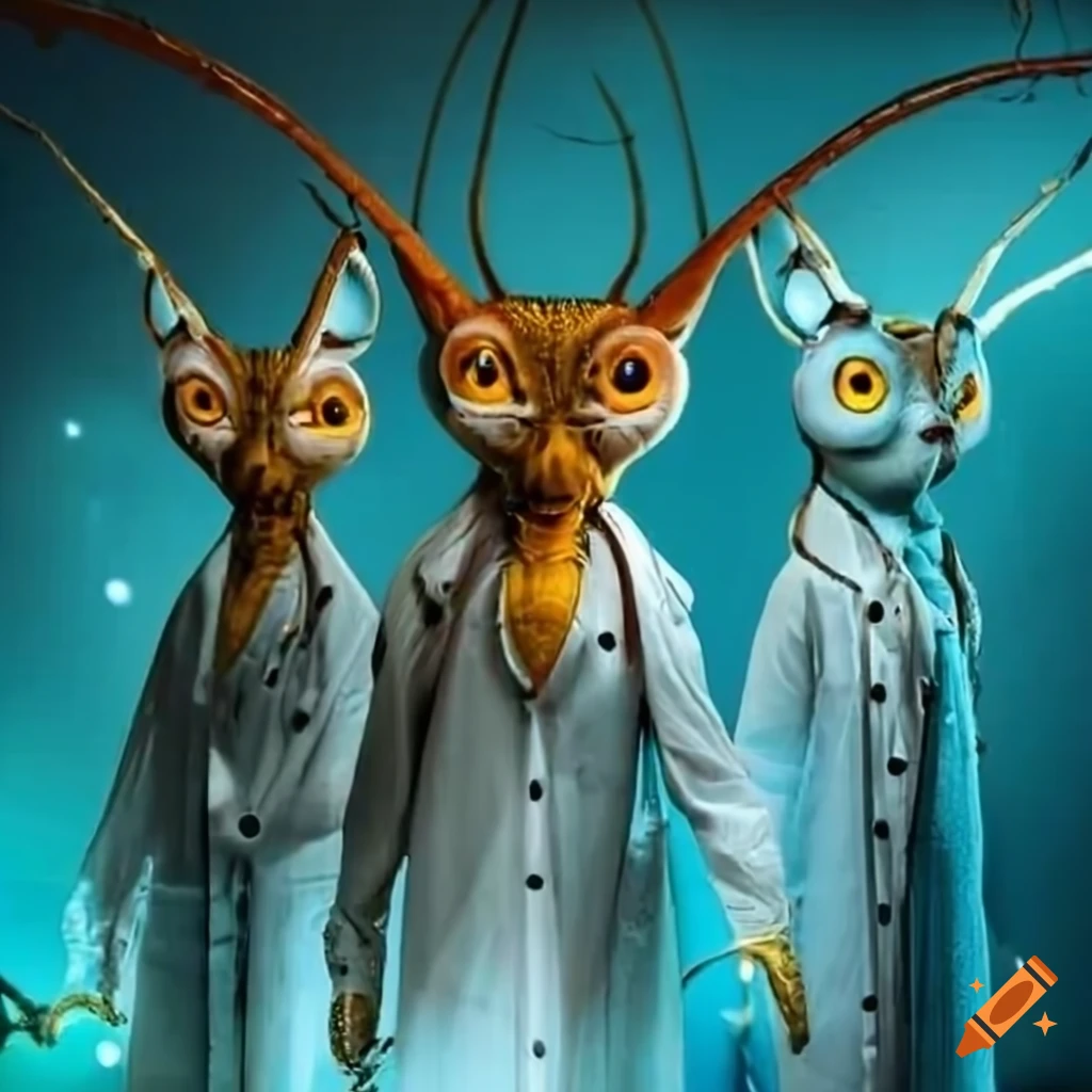 Anthropomorphic insects in science coats studying a portal gate on Craiyon