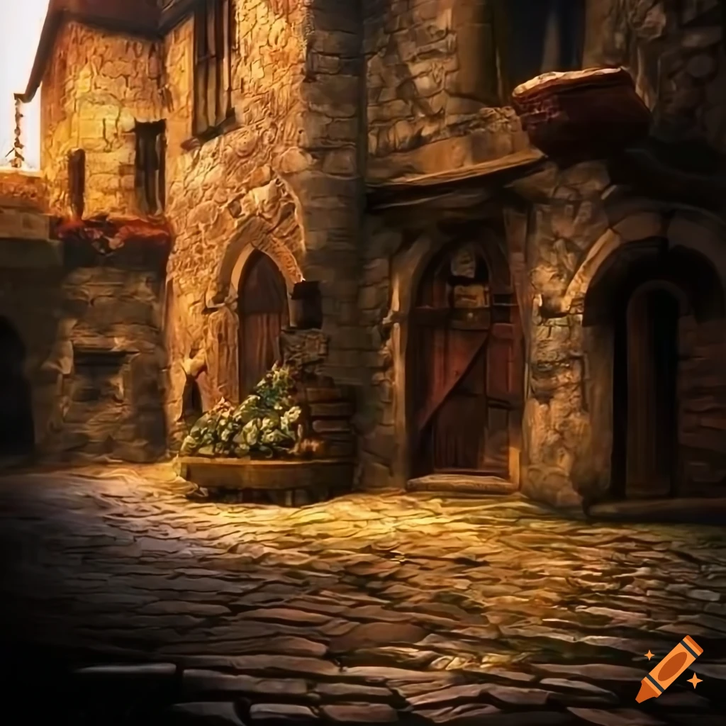 Courtyard of a medieval stone inn on Craiyon