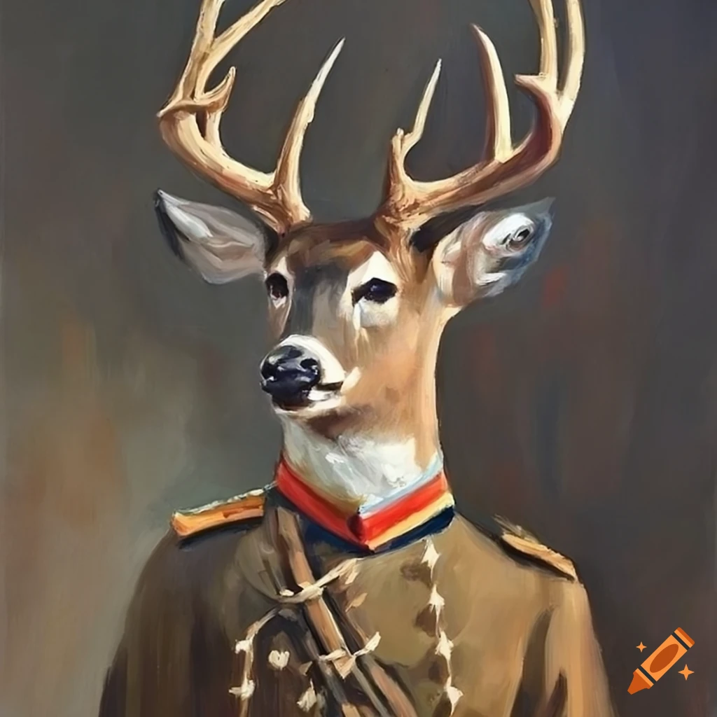 Portrait painting of a buck deer in uniform on Craiyon