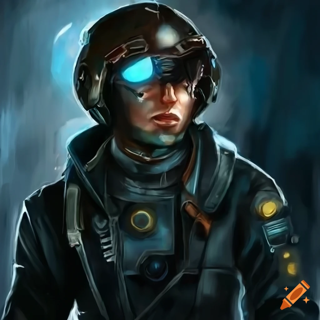 Sci-fi pilot character standing with a smirking attitude on Craiyon