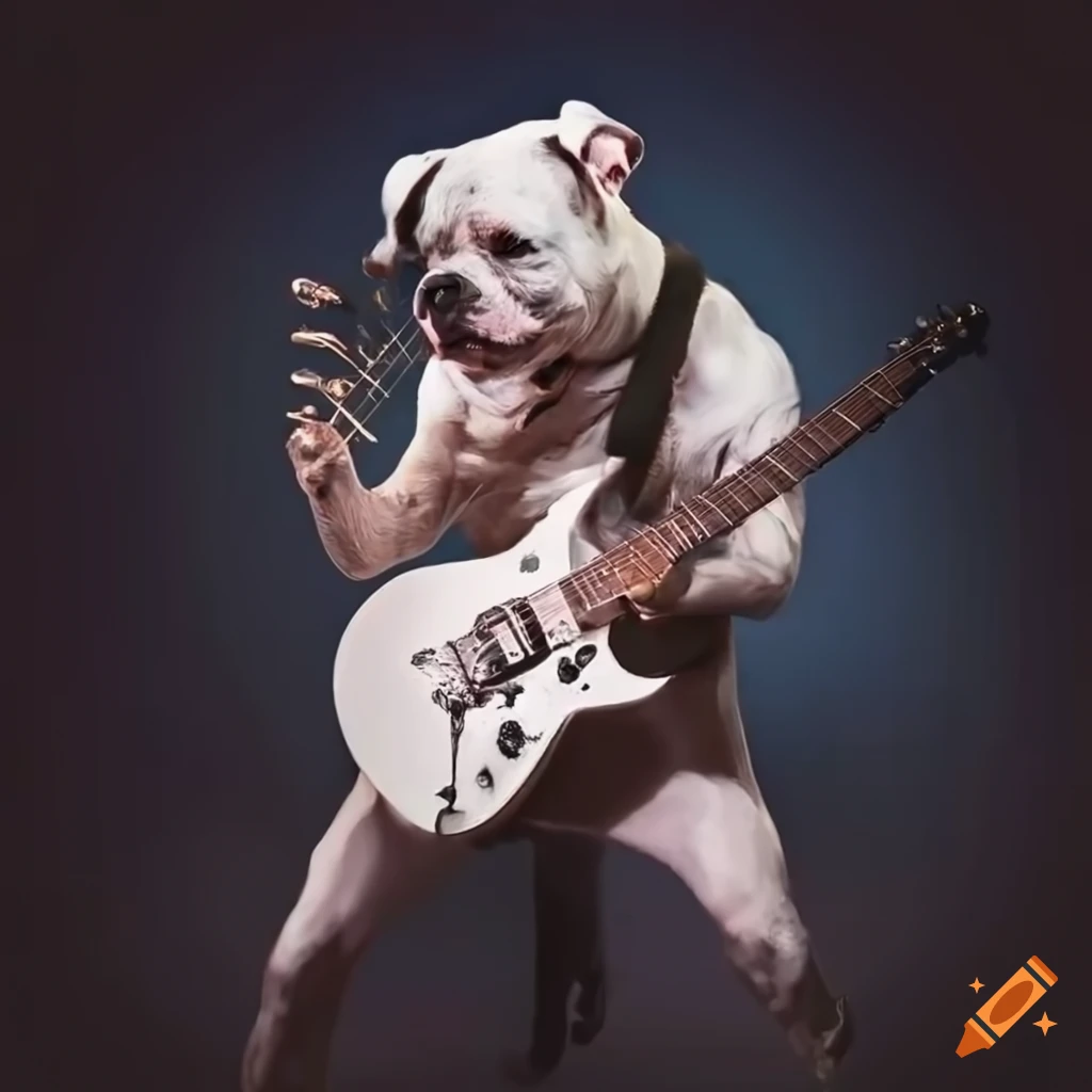 White American bulldog playing guitar in a metal band on Craiyon