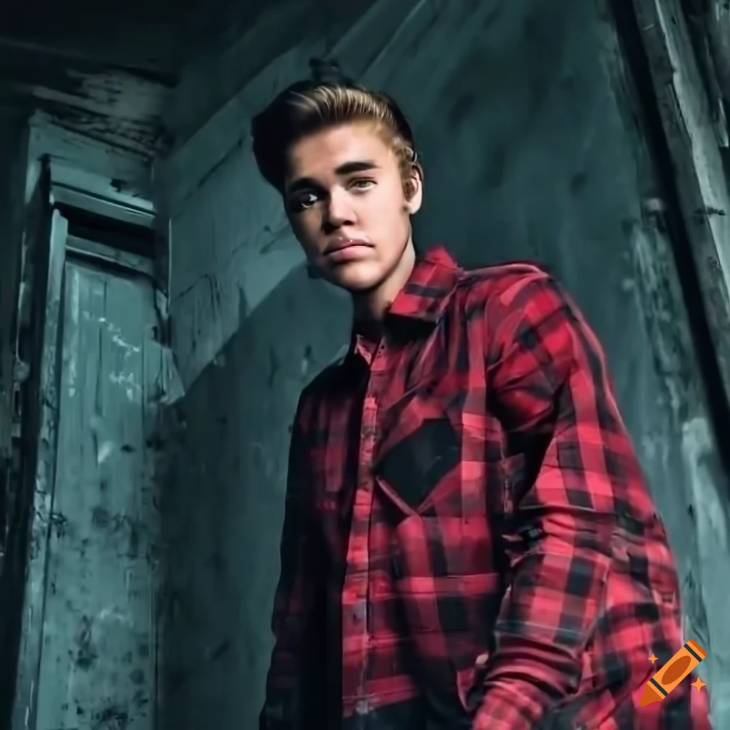 Singer in red plaid shirt and black leather trousers peeking through ...