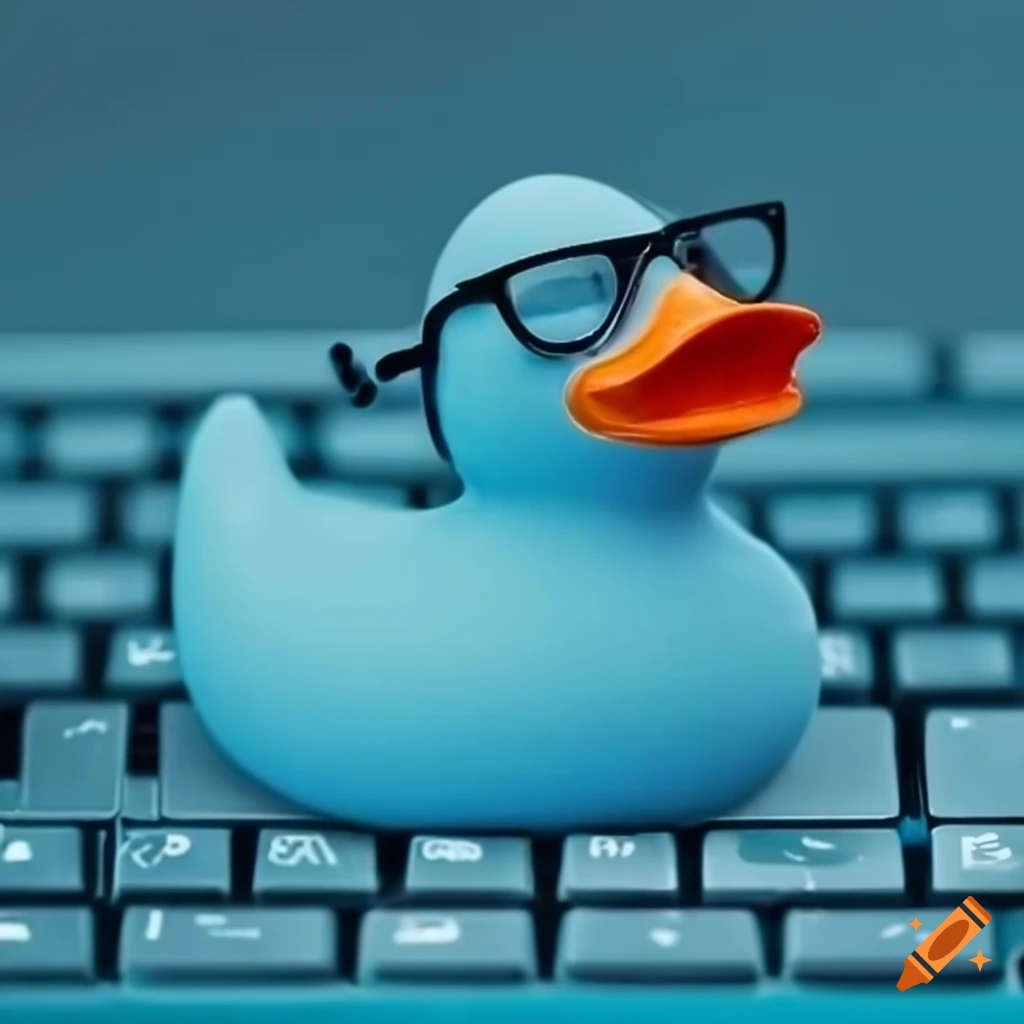 Blue rubber duck with glasses typing on a keyboard on Craiyon