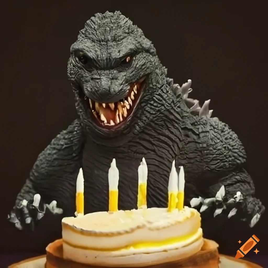 Godzilla celebrating his birthday with cake and party hat on Craiyon