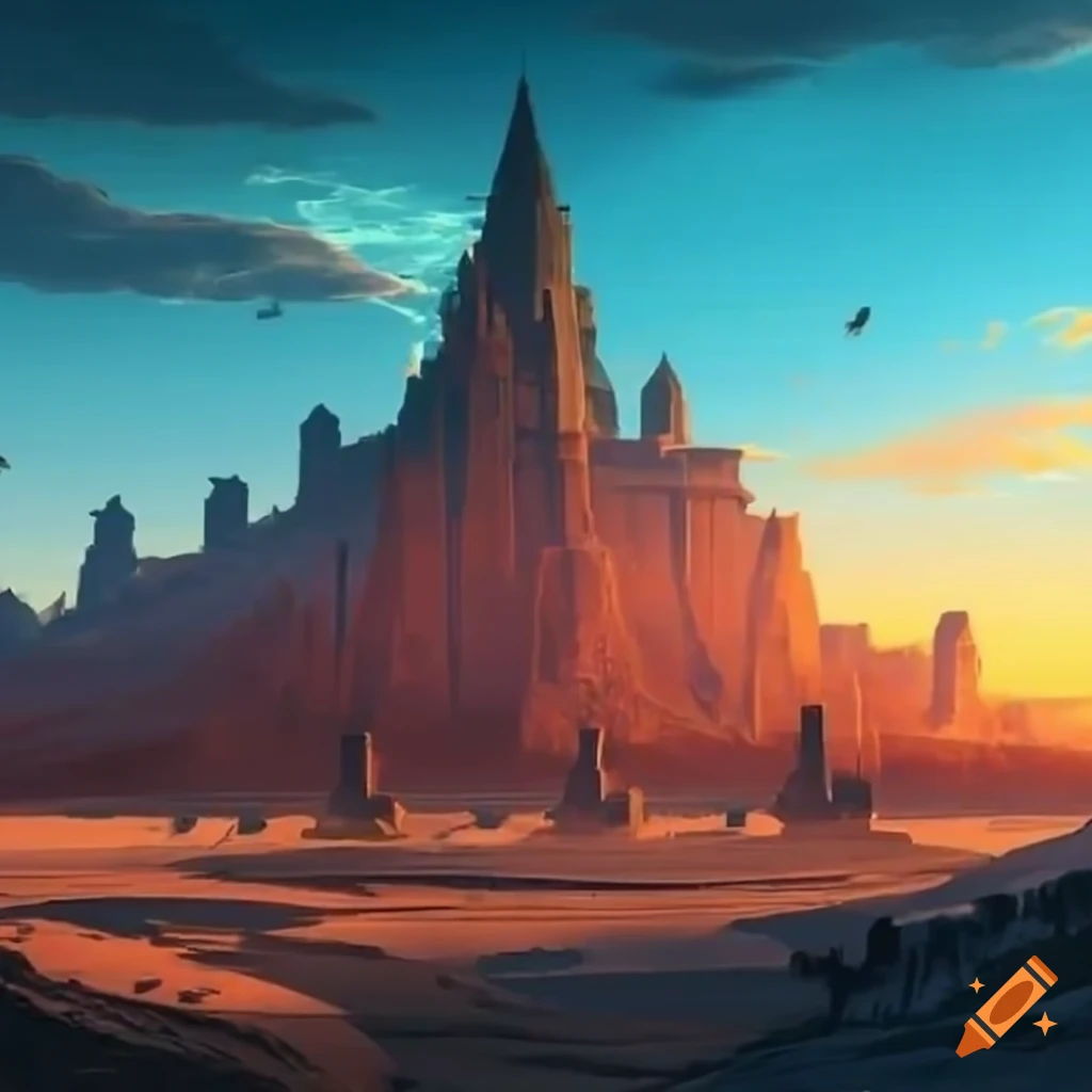 Mythical golden city with a surrounding golden gate and giant castle in ...