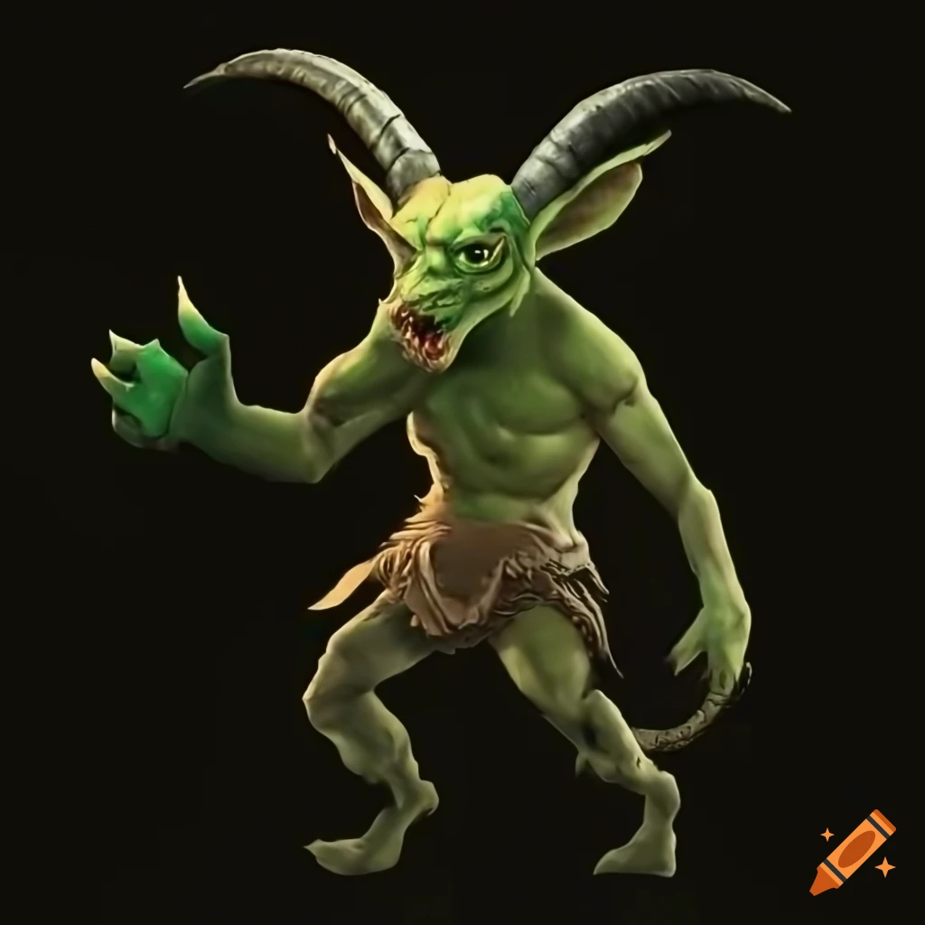 Rough goat goblin monster with green skin and a satyr look on Craiyon