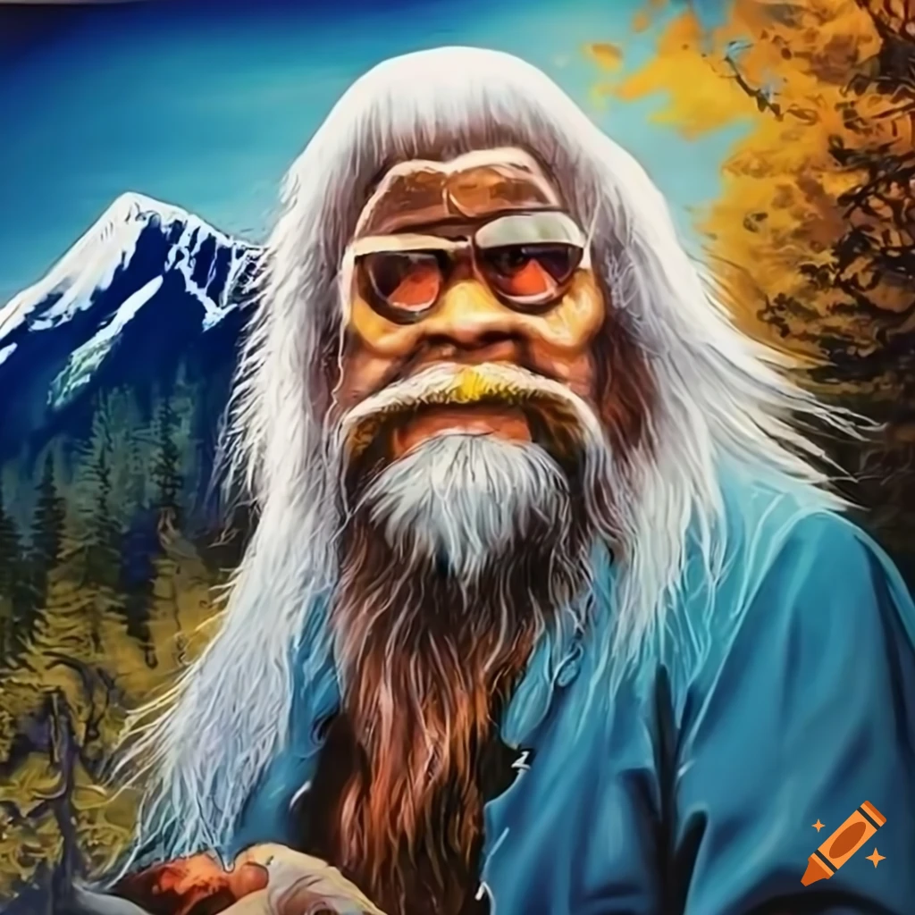 Old Sasquatch with long white hair and beard in a mountain landscape on ...