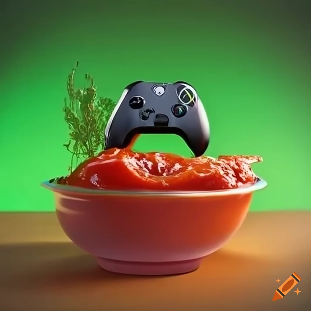 Xbox controller nestled in tomato sauce and herbs for gaming setup on ...
