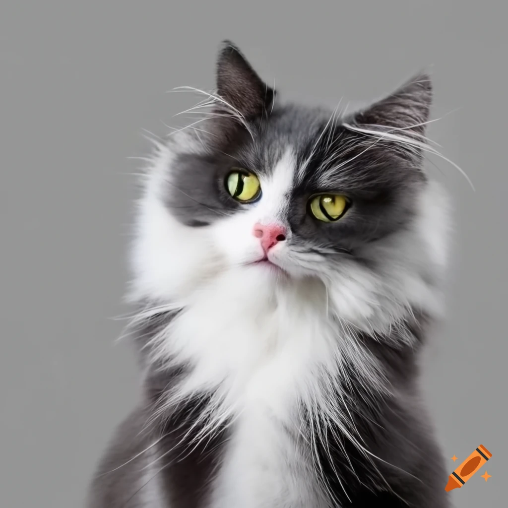 Fluffy white and gray tuxedo cat on Craiyon