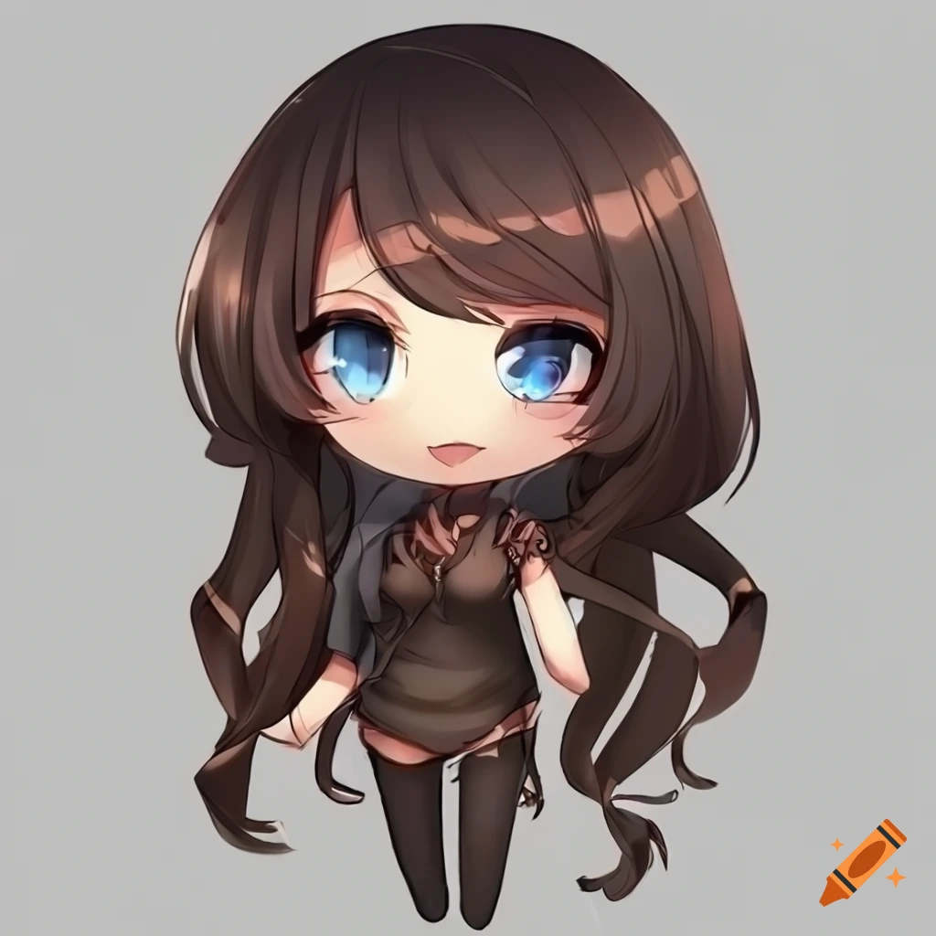 Chibi anime girl with blue eyes and dark skin facing forward on Craiyon