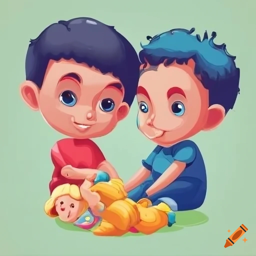 Two boys playing with dolls in a cartoon style on Craiyon