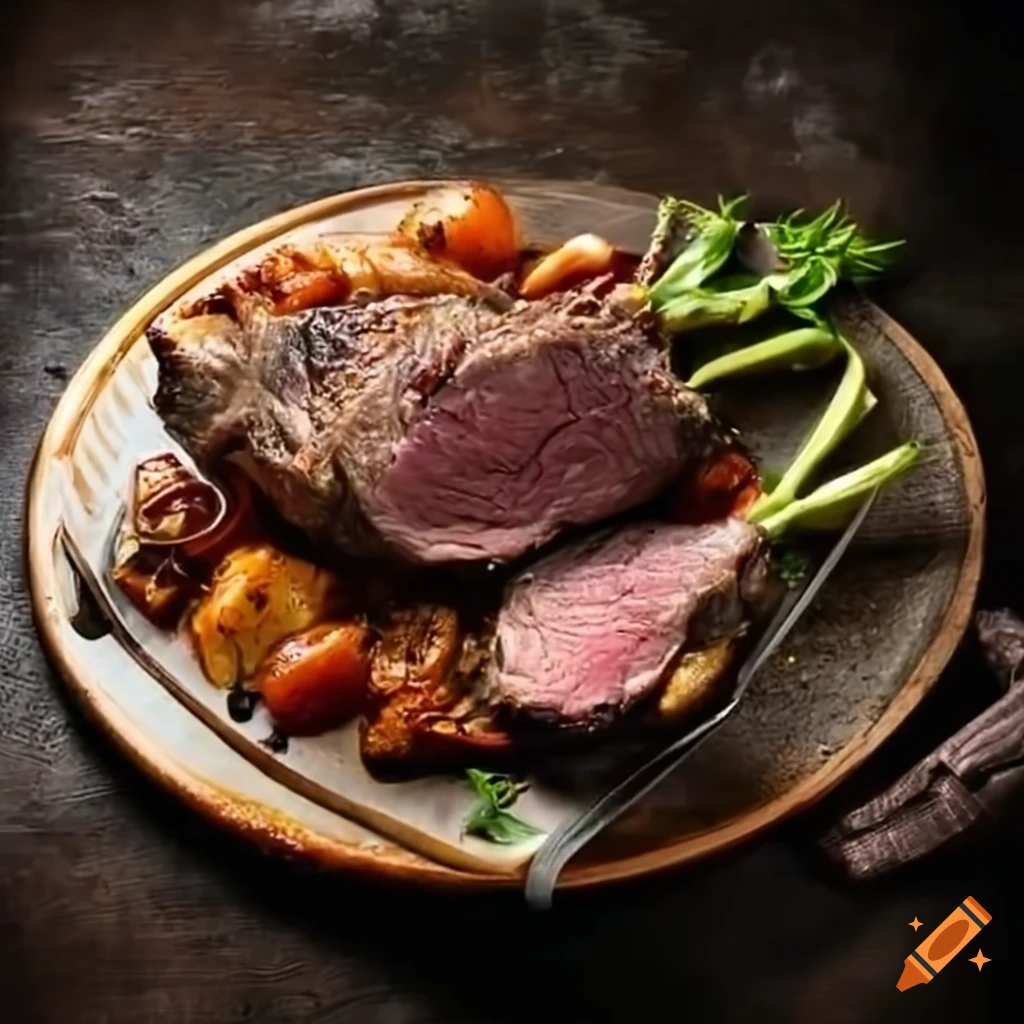 Delicious roasted lamb dish in a rustic kitchen setting on Craiyon