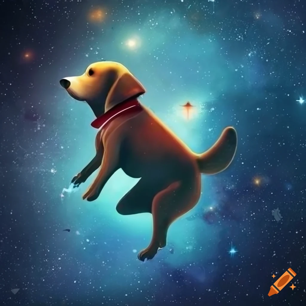 Space-suited dog playing among stars in a charming illustration on Craiyon