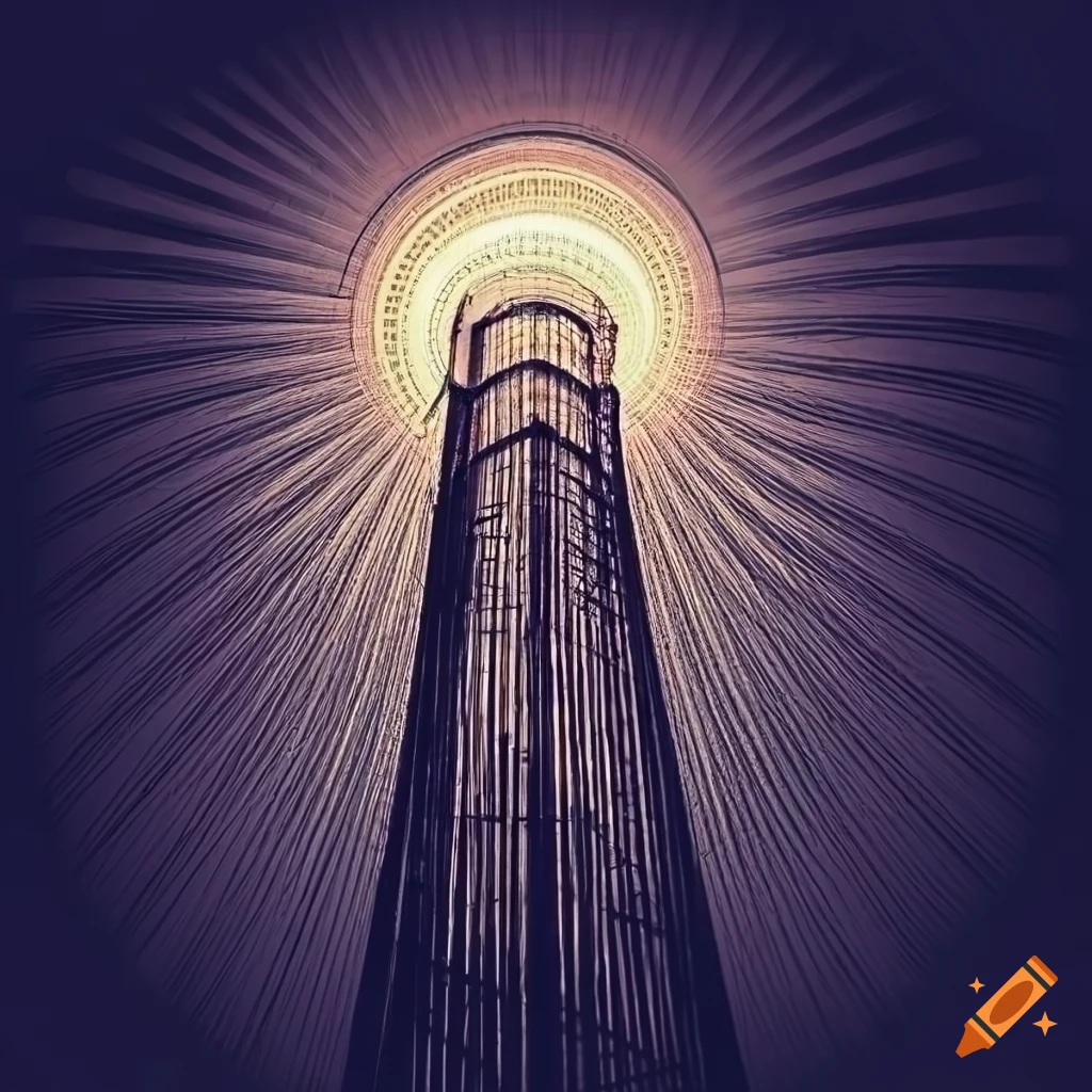 Vintage style radio tower emitting radio waves in monochrome on Craiyon