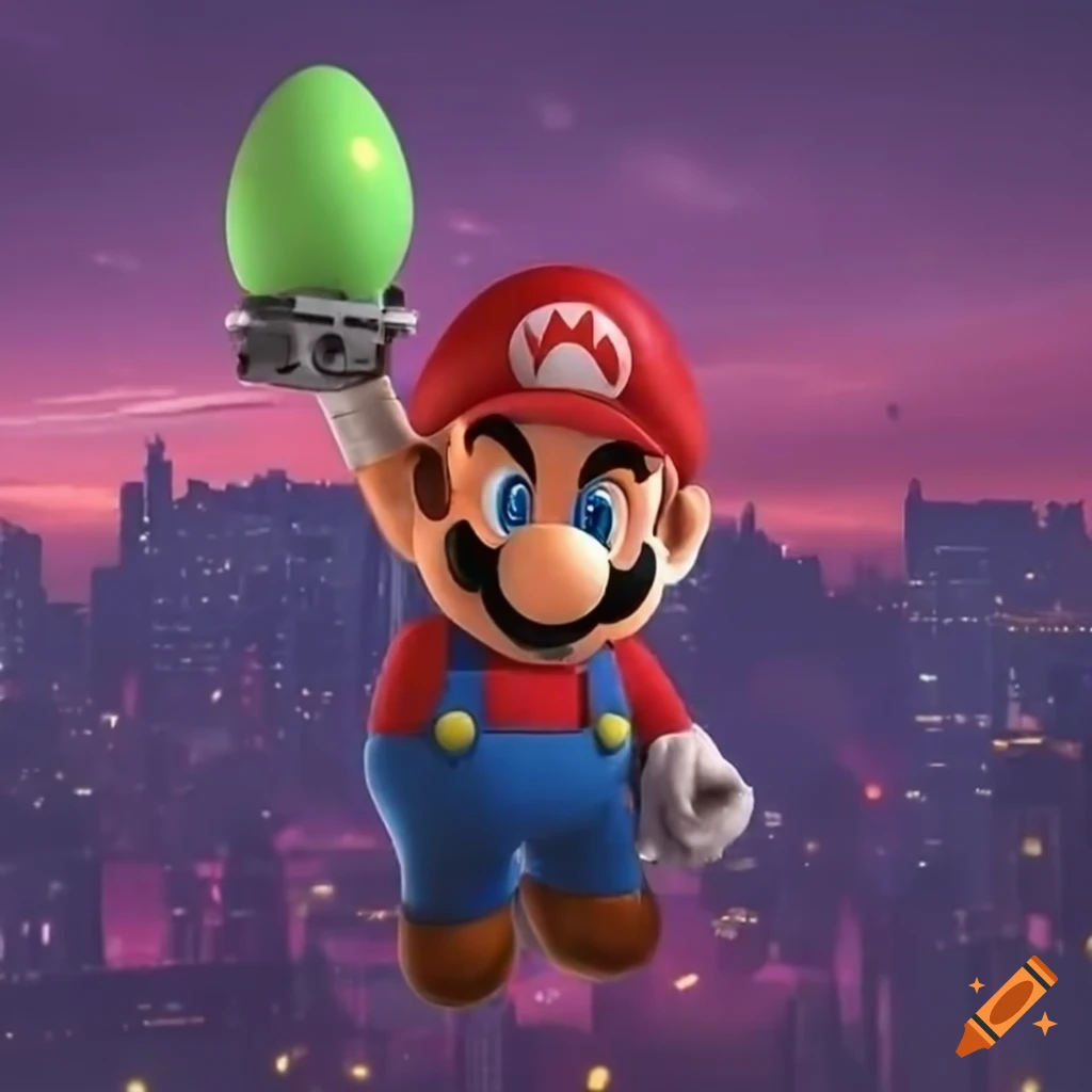 Mario with a machine gun in a city with flying green eggs at night on ...