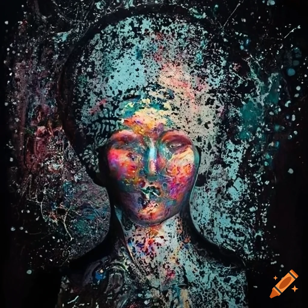 Abstract splatter painting of a woman amidst exotic flowers and ferns ...