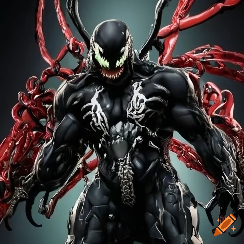 Cyborg venom spawn with chains and green eyes on Craiyon