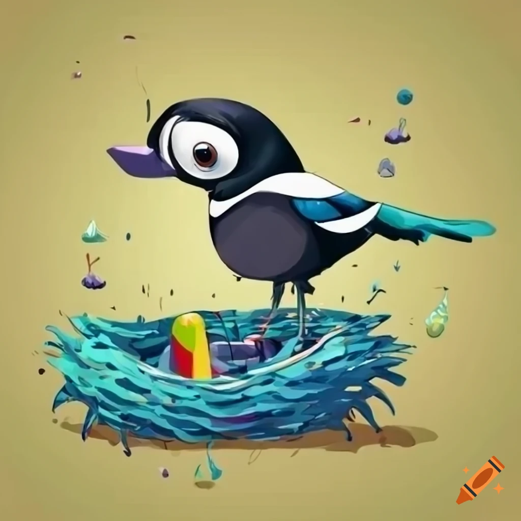 Cartoon magpie setting up a surprise party in its nest with vibrant ...