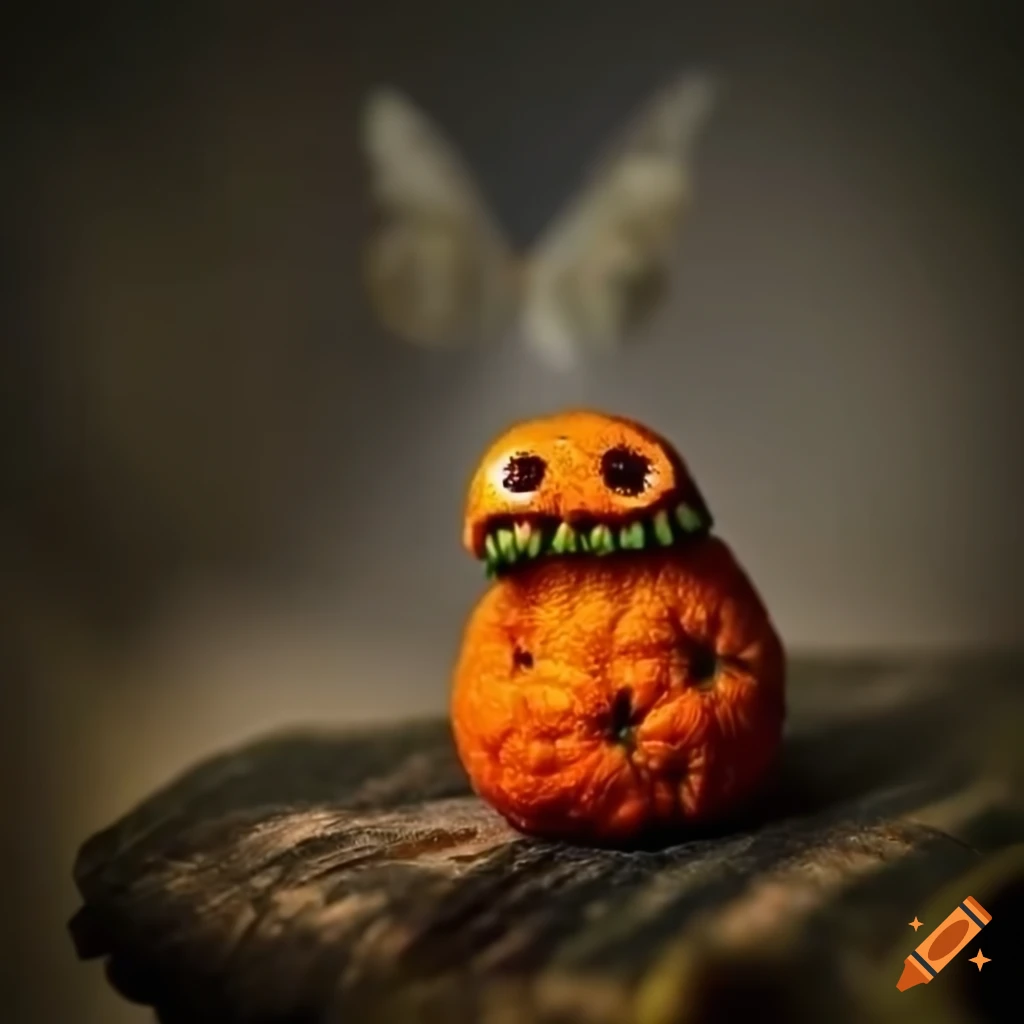 Close-up portrait of a rotten orange fruit monster in an enchanting ...