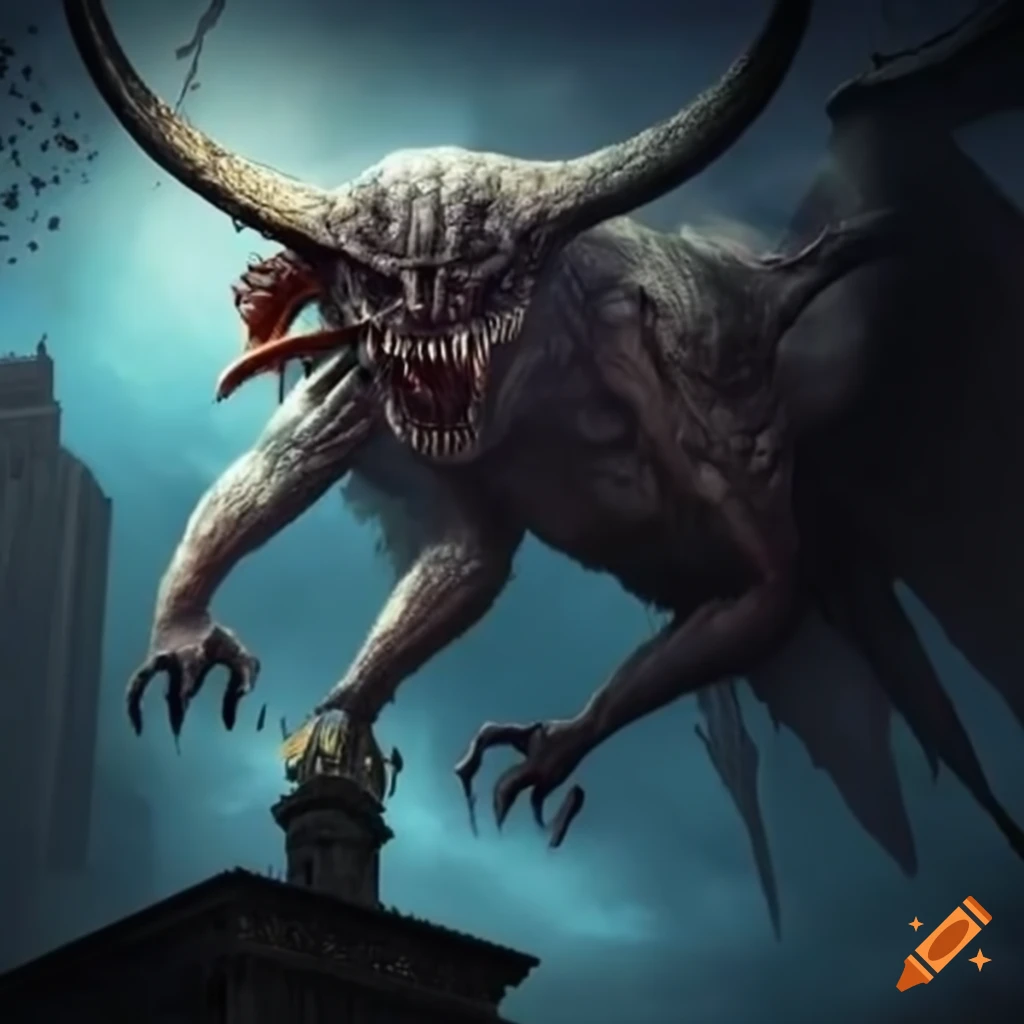 Mythological creature with 10 eyes towering over New York City ...