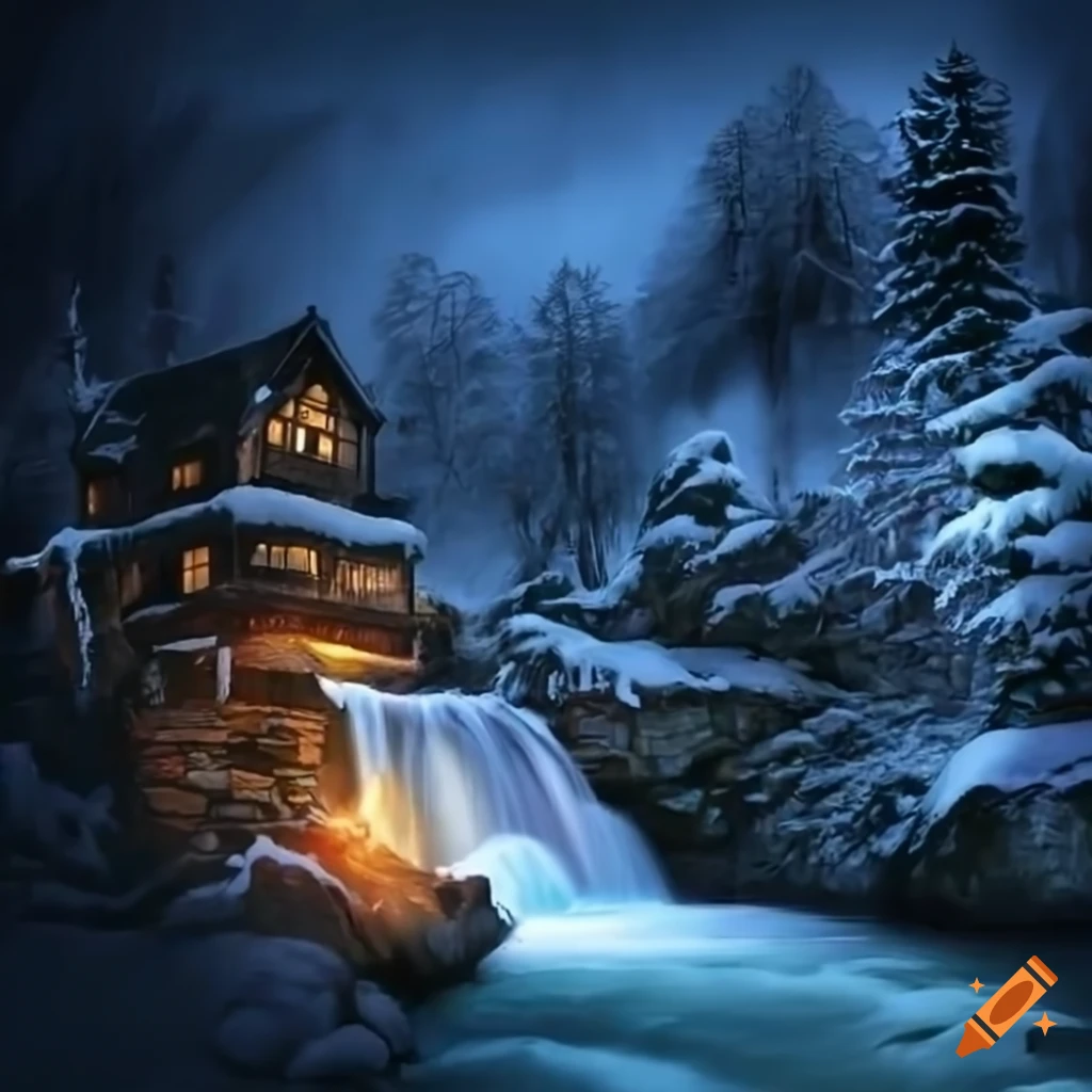 Winter waterfall inn at nighttime in hyper-realistic image on Craiyon