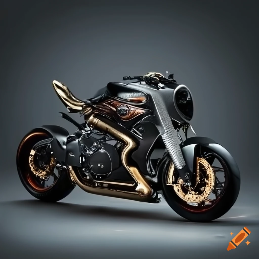 Sleek and detailed luxury motorcycle in an opulent setting on Craiyon