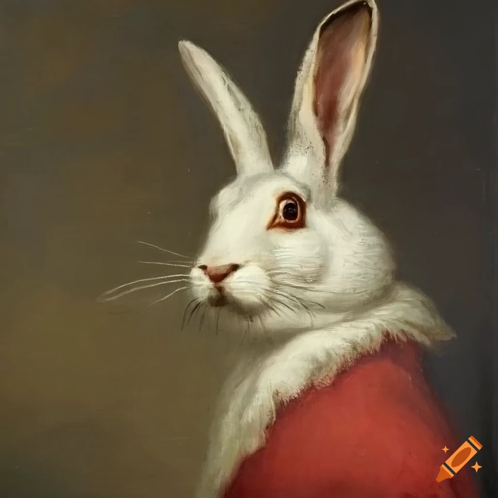 1800s oil painting portrait of a white hare looking up to a red bus on ...