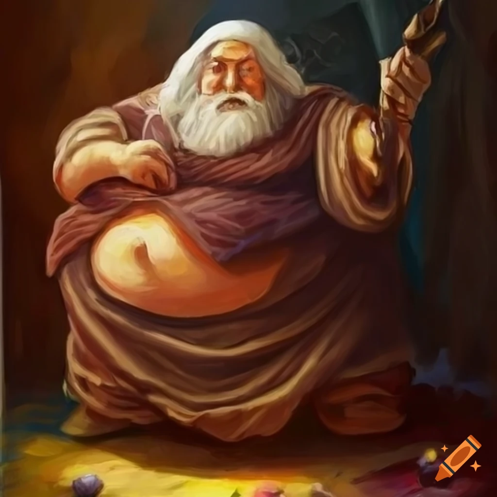 Fat wizard casting a spell in an acrylic illustration on Craiyon