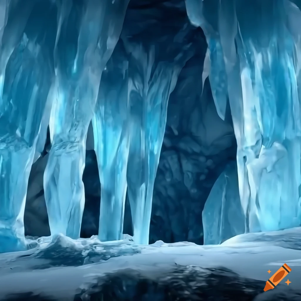 Ice cave with snow, crystals, and ice pillars in a cold blue and white ...