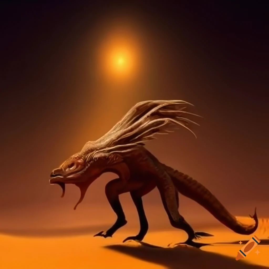 Mythical creature emerging from a desert oasis or watery planet on Craiyon